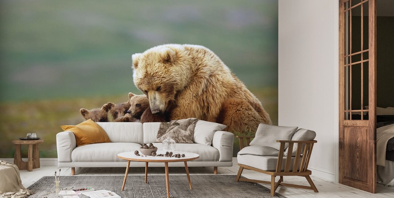 Grizzly Bear Sow with Young Cubs Wall Mural | Wallsauce UK