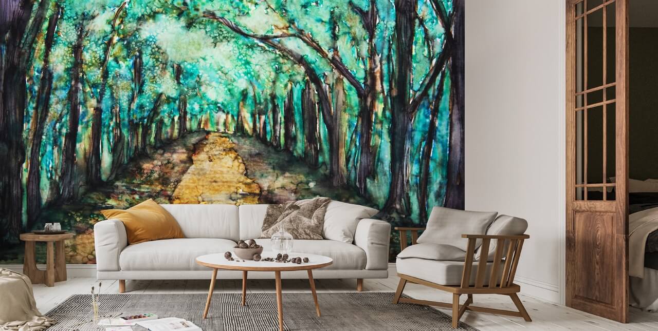 Watercolour of a Path Lined with Trees Wall Mural | Wallsauce US
