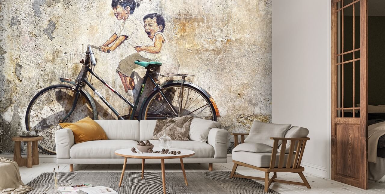 Little Children on a Bicycle Wall Mural | Wallsauce US