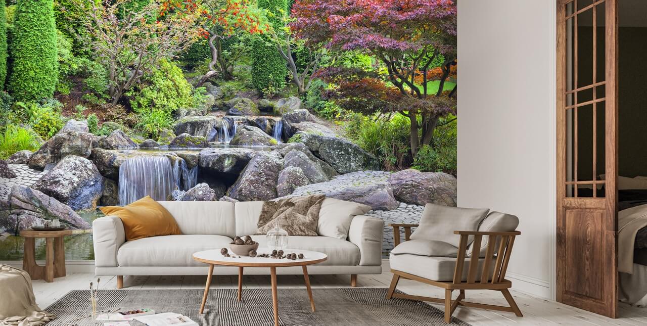 Cascade Foss i japansk hage veggmaleri | Wallsauce NO