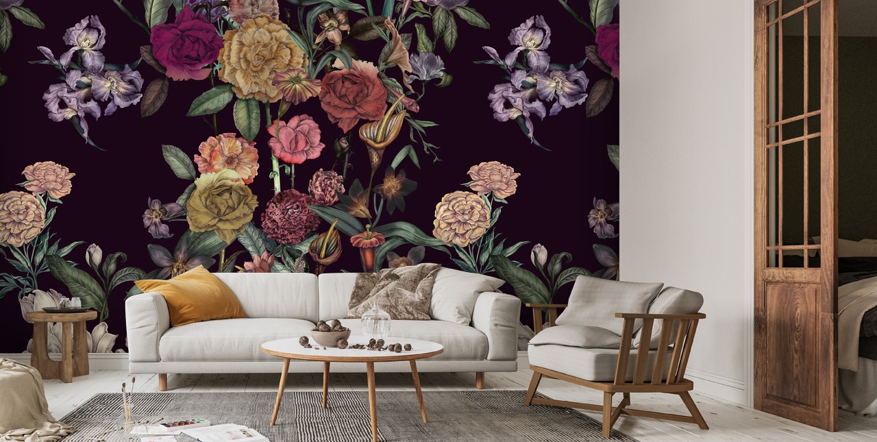 Large Garden Blooms Violet Wall Mural | Wallsauce UK