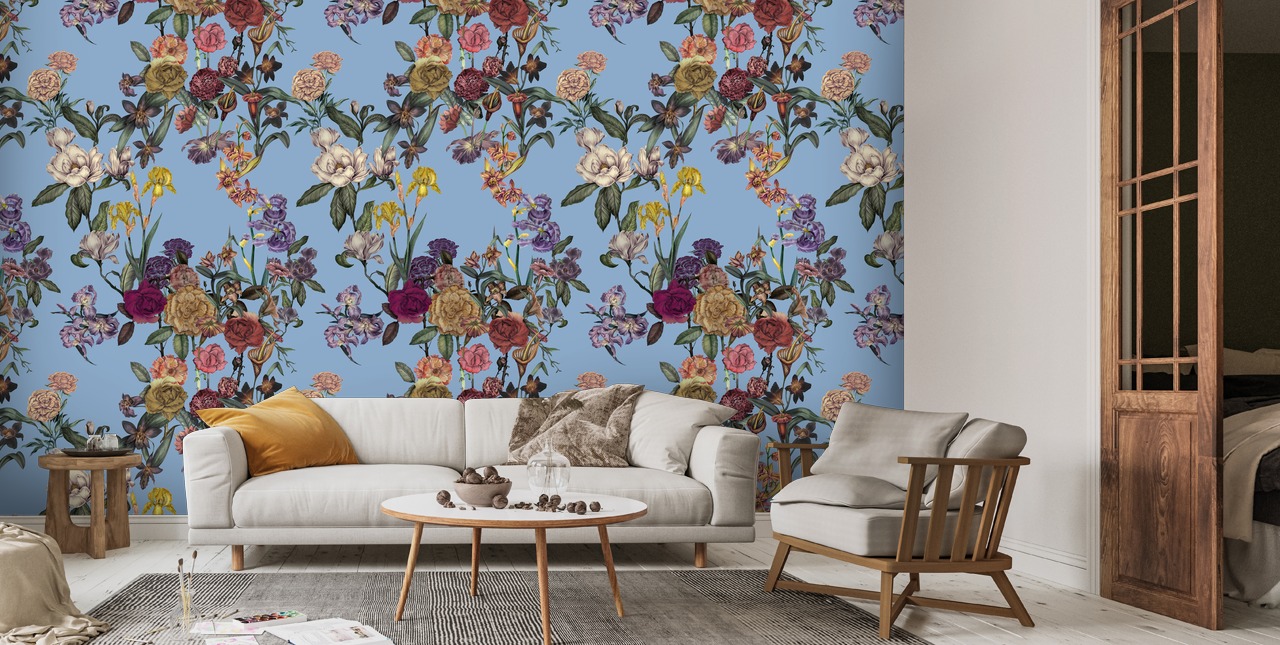 Blue Flower Garden Wall Mural | Wallsauce NZ