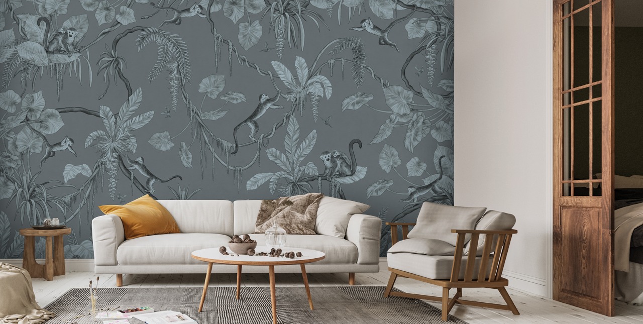 Playful Monkeys - Monochrome Blue Wall Mural | Wallsauce UK