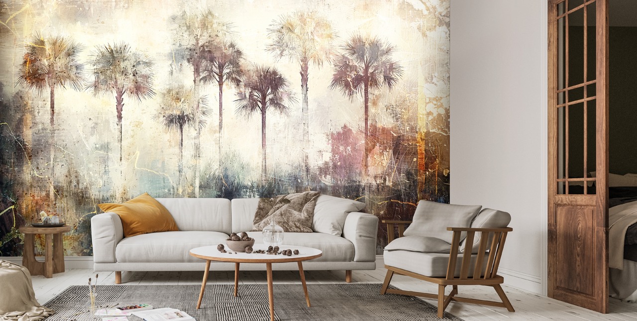 Distressed Tropical Palm Trees Wall Mural | Wallsauce US