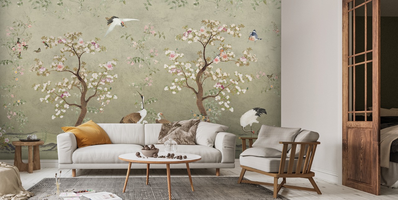 Beige Lingering Garden Chinoiserie Wall Mural | Wallsauce UK