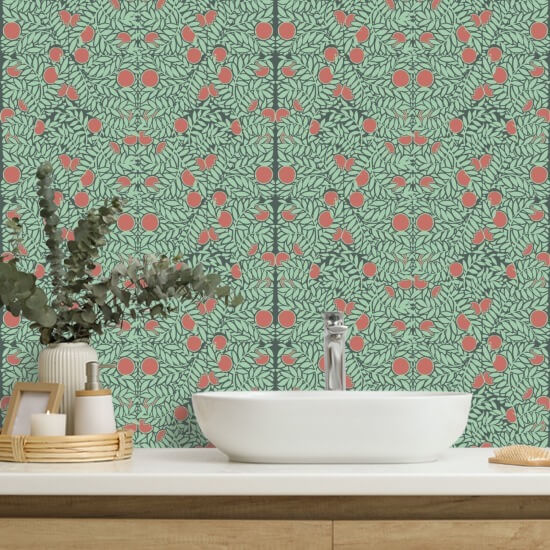 Orange Bush - Mint & Coral Floral Wallpaper | Wallsauce UK