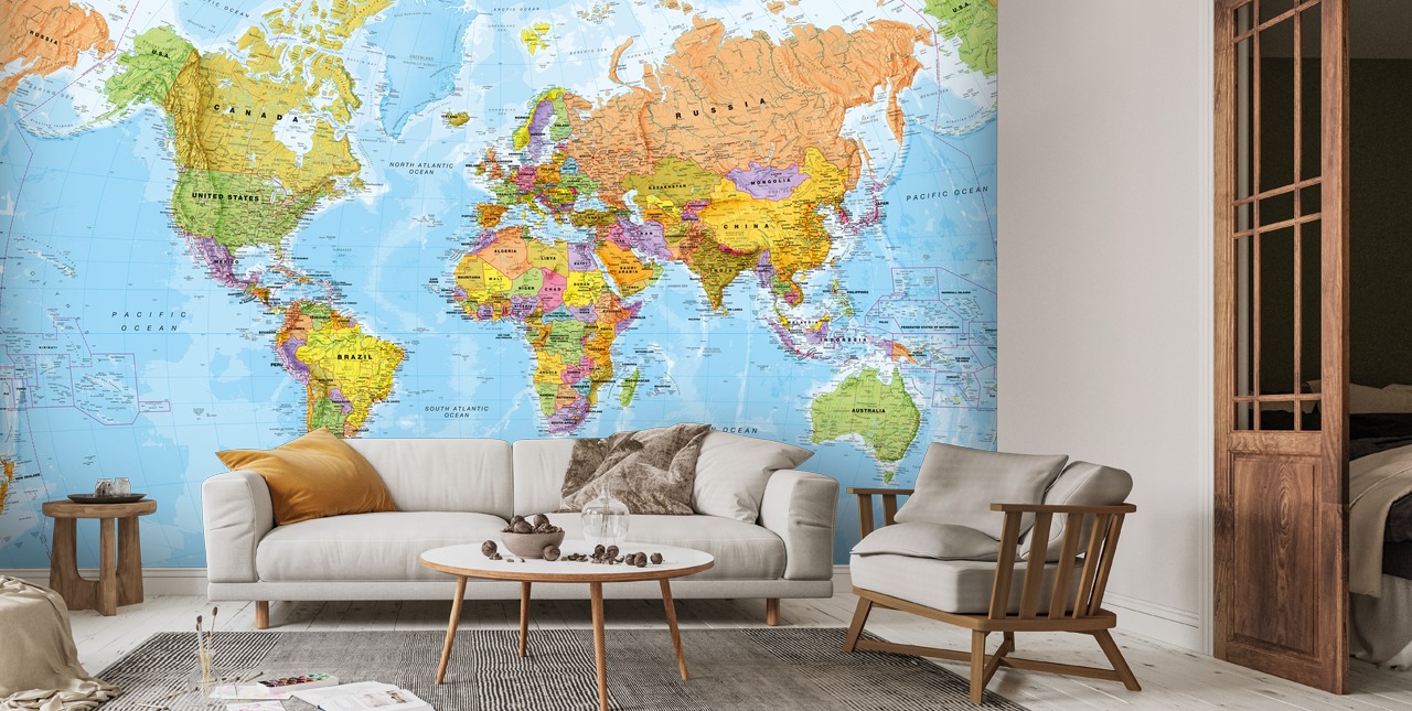Political World Map Wallpaper Mural | Wallsauce CA