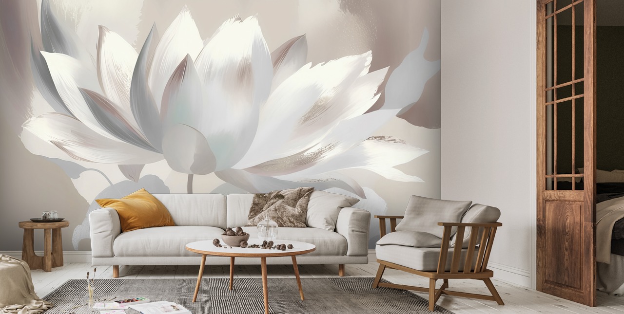 Silent Lotus Beige Floral Mural | Wallsauce UK