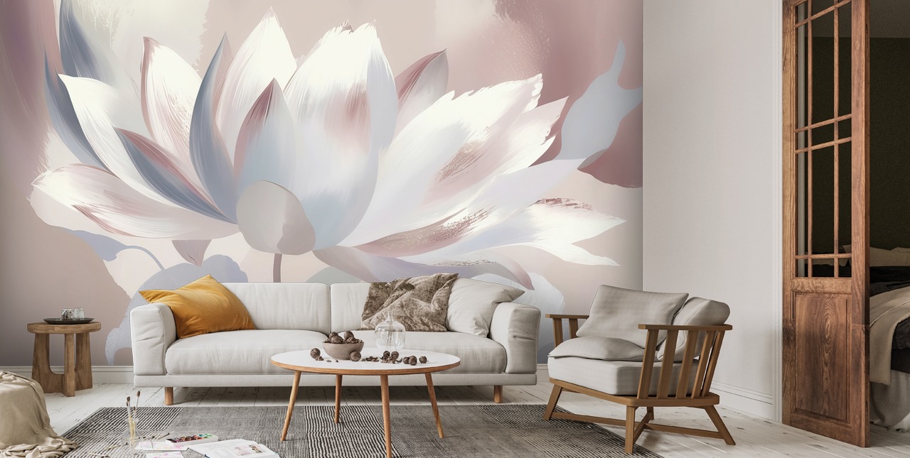 Silent Lotus Blush Large Floral Mural | Wallsauce CA