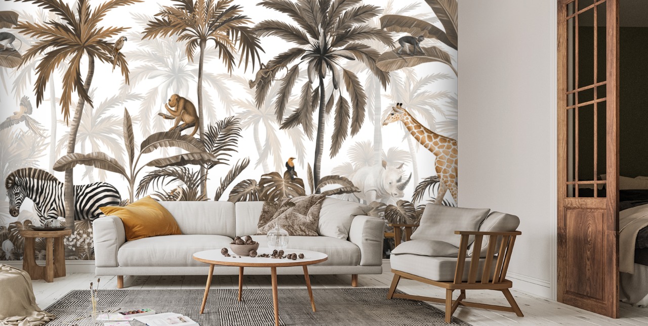 Jungle Jive Sepia Panorama Kids Nursery Mural | Wallsauce UK