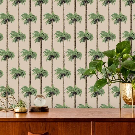Retro Tiki Palm Trees - Tan Wallpaper | Wallsauce UK