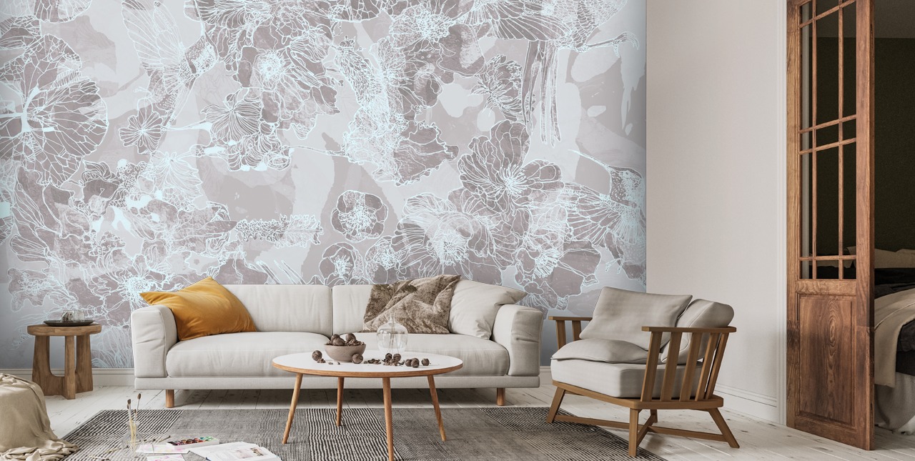 Tranquil Garden Birds Abstract Mural | Wallsauce UK