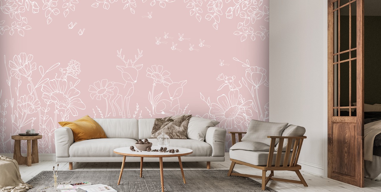 Deer Doodles Pink Nursery Mural | Wallsauce UK