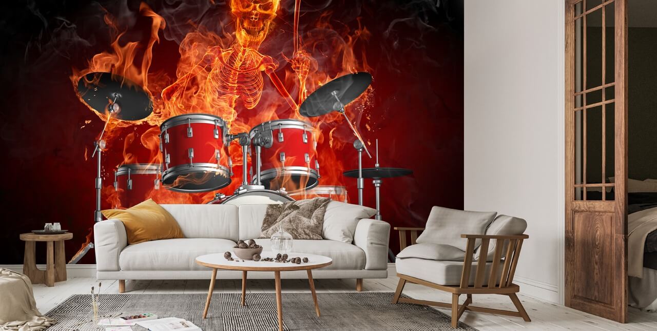 Drummer on Fire Wall Mural | Wallsauce US