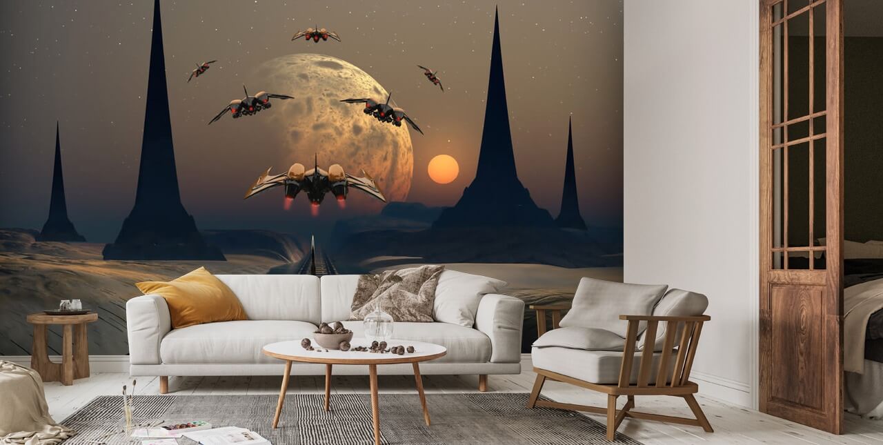 Alien Planet and Space Ships Wallpaper | Wallsauce UK