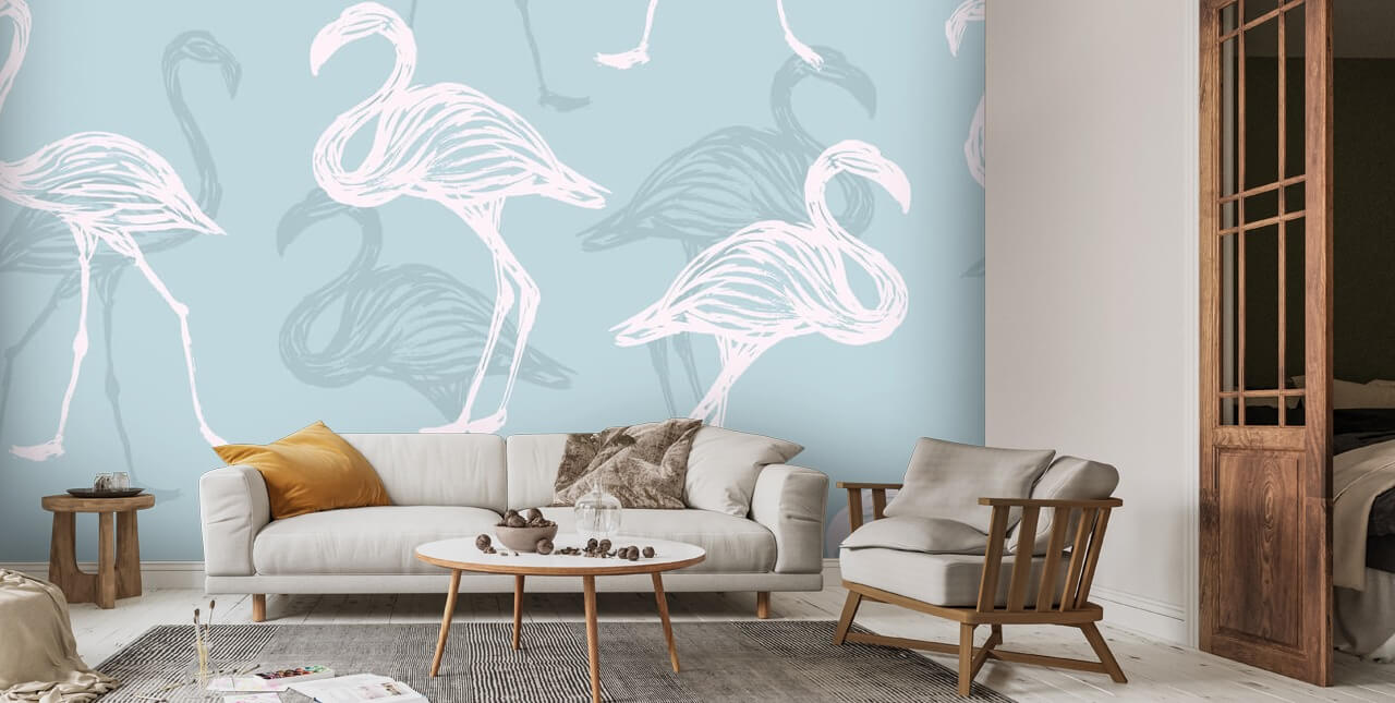 Light Blue & White Flamingos Wallpaper | Wallsauce NZ