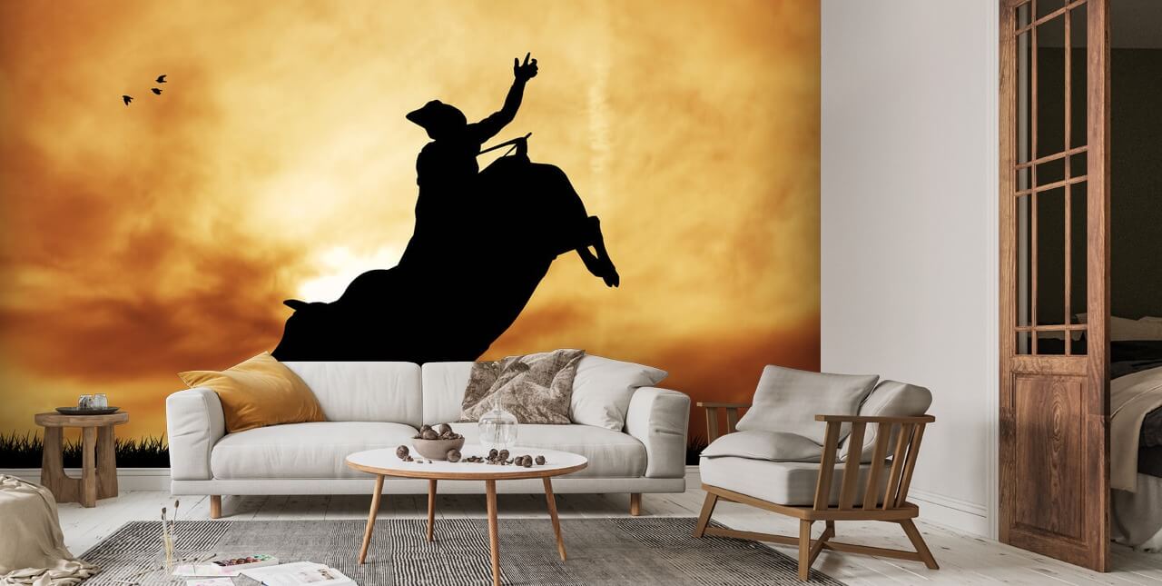 Bull rider at sunset Wallpaper Mural | Wallsauce EU