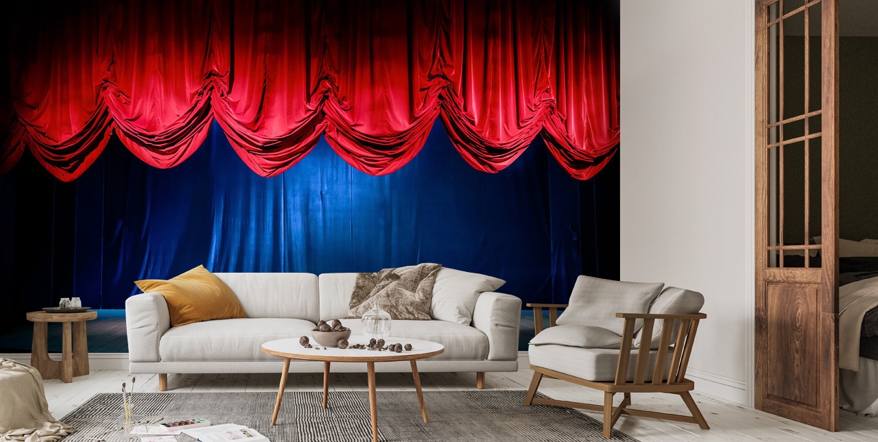 Theatergordijn met dramatische lichtmuurschildering | Wallsauce NL