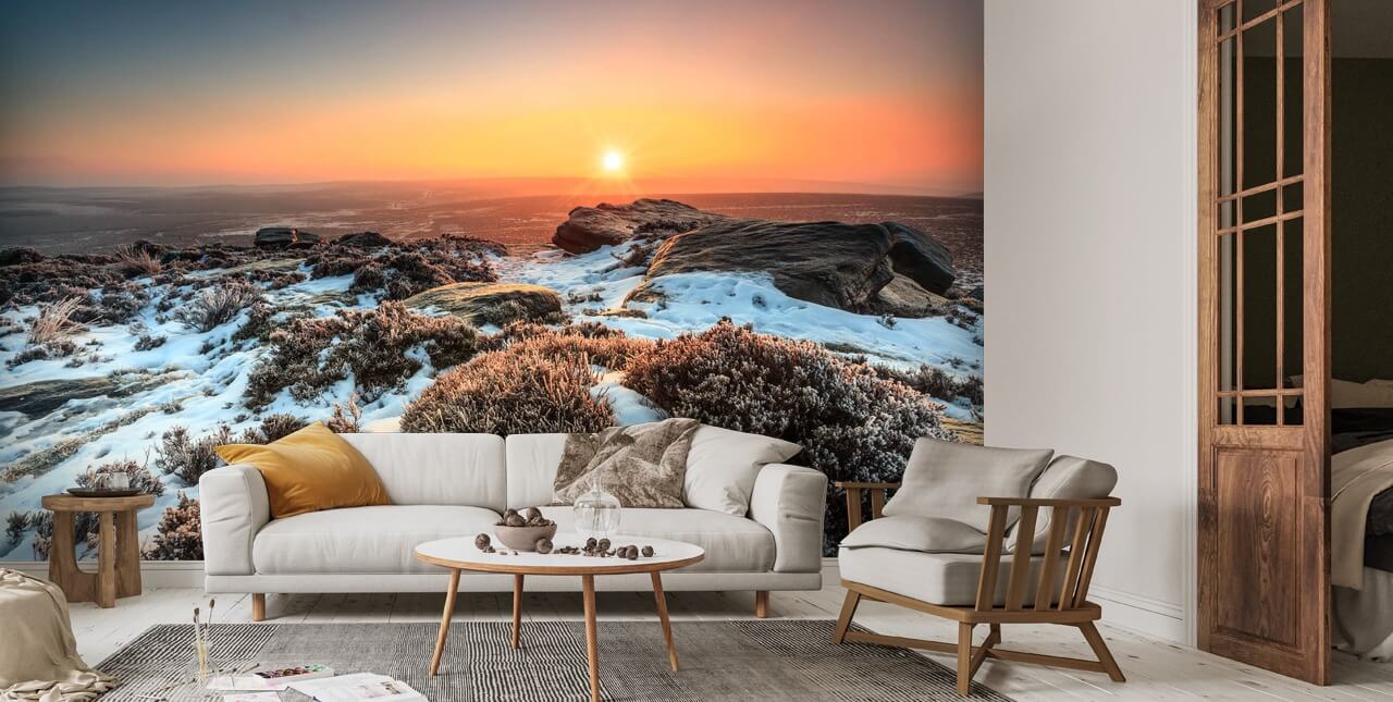 Stanage Edge Winter Sunburst Wall Mural | Wallsauce CA