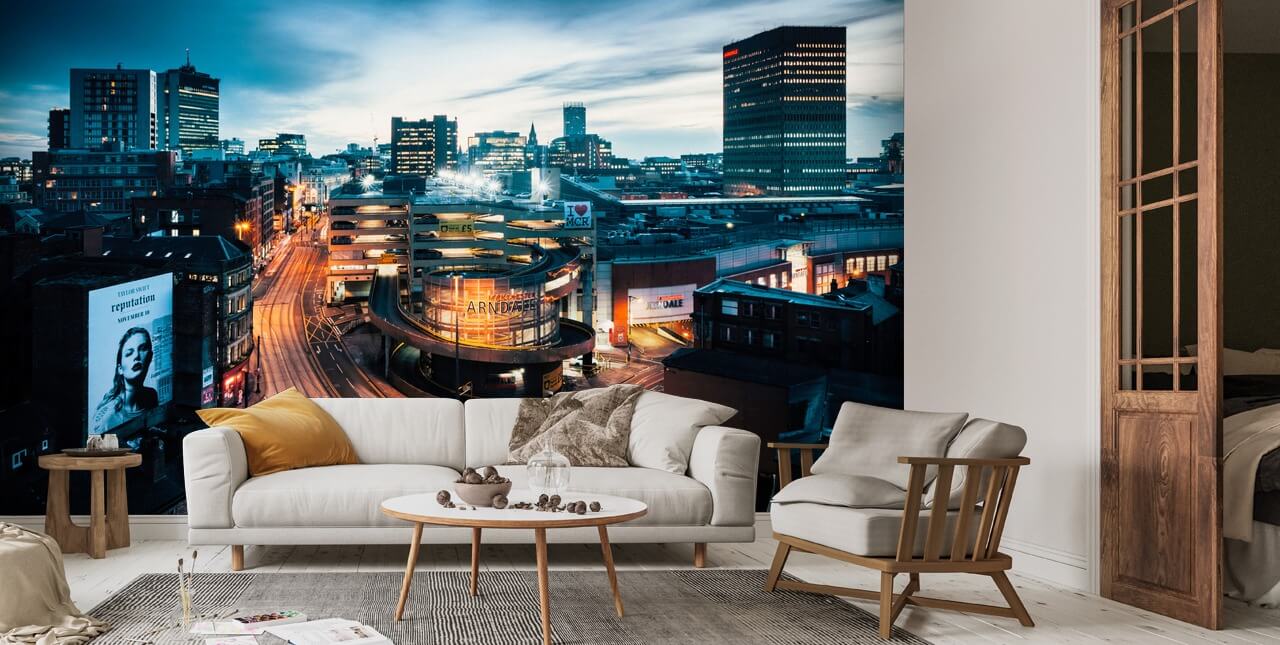 Manchester Skyline Night Wall Mural | Wallsauce UK