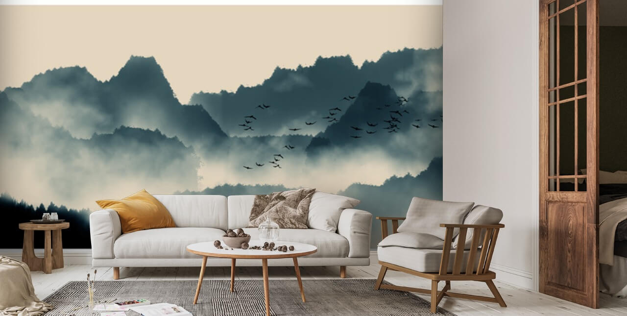 Decorazione murale con inchiostro cinese e paesaggio acquatico ...