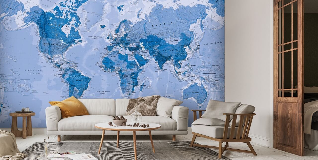 World Map Blue Wall Mural | Wallsauce UK