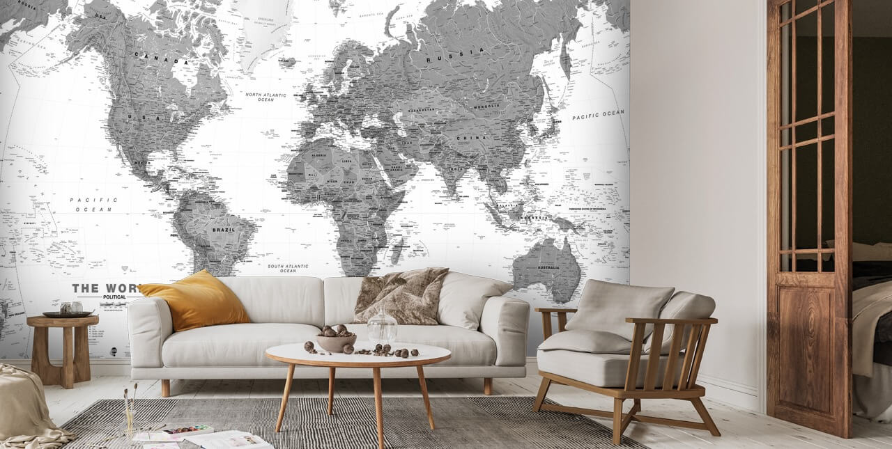 World Map Monochrome Wall Mural | Wallsauce US
