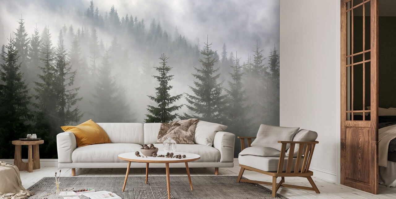 Decorazione murale con foresta di pini nella nebbia | Wallsauce IT