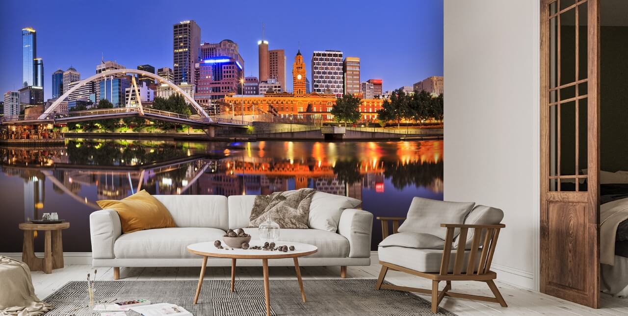 Melbourne CBD River Rise at Night Wallpaper Mural | Wallsauce CA