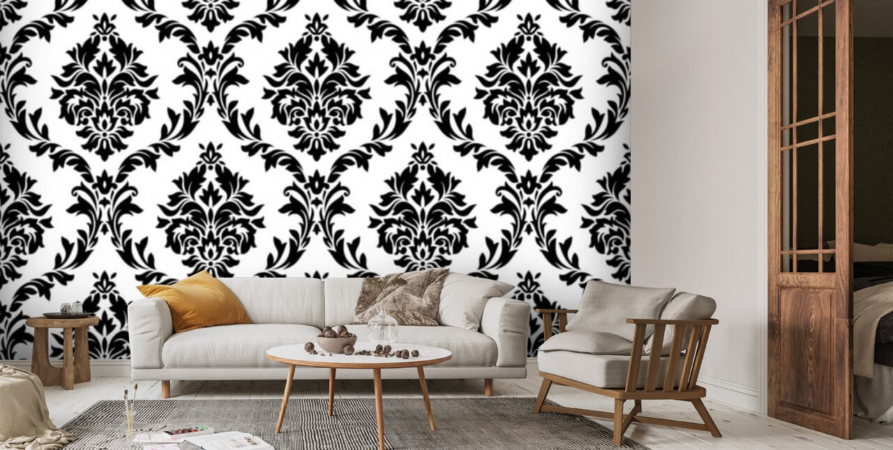 Black And White Damask Wallpaper In Room