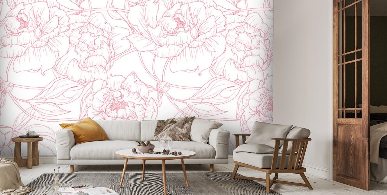 Pink Floral Line Art Wallpaper | Wallsauce US