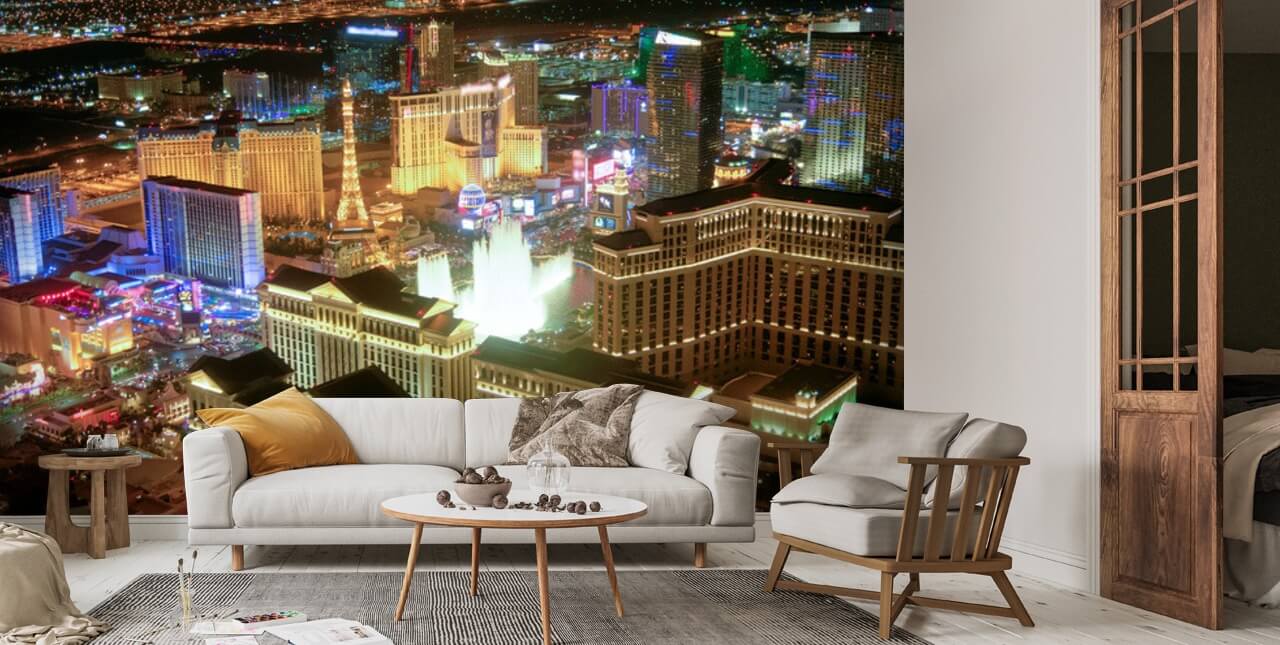 Las Vegas Strip Casinos at night from the helicopter. Night lights of ...