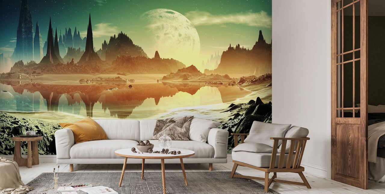 Alien City Ruins Beside the Lake Wallpaper | Wallsauce US