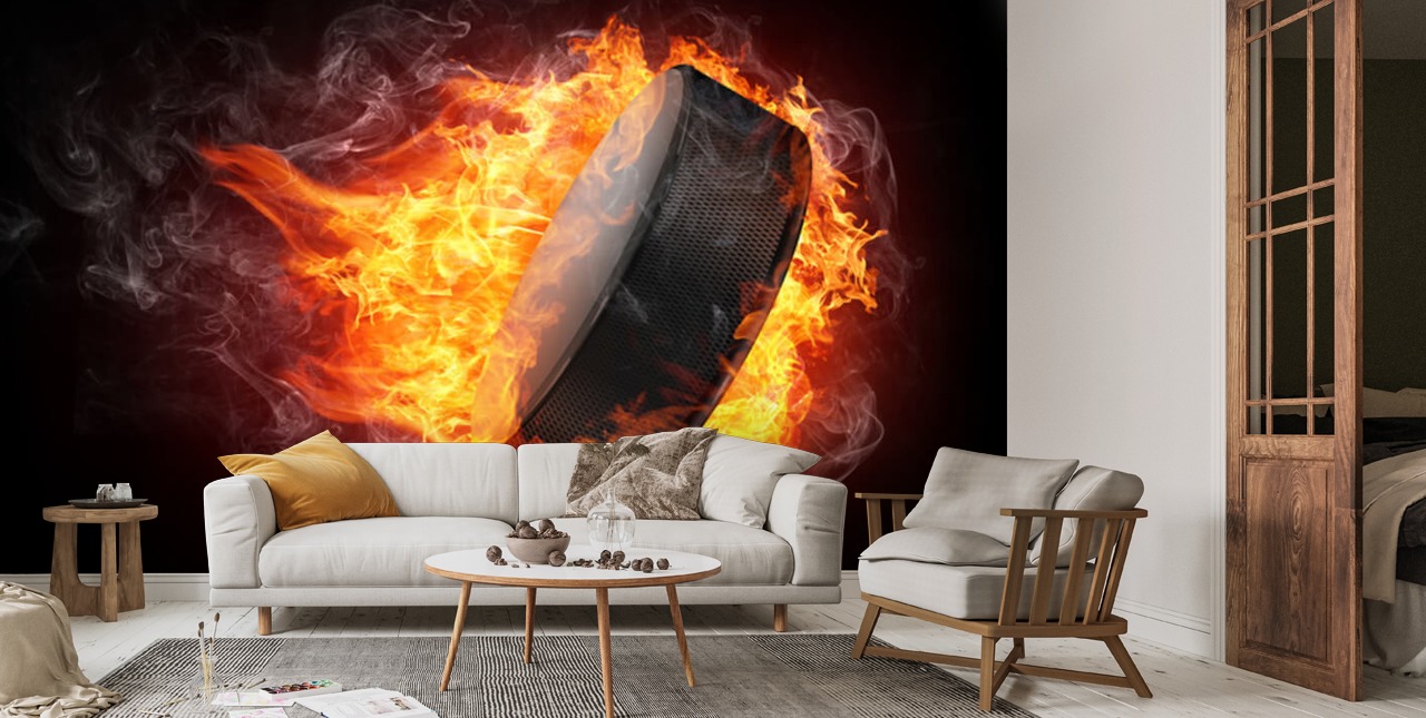 Hockey Puck On Fire Wallpaper Mural | Wallsauce UK