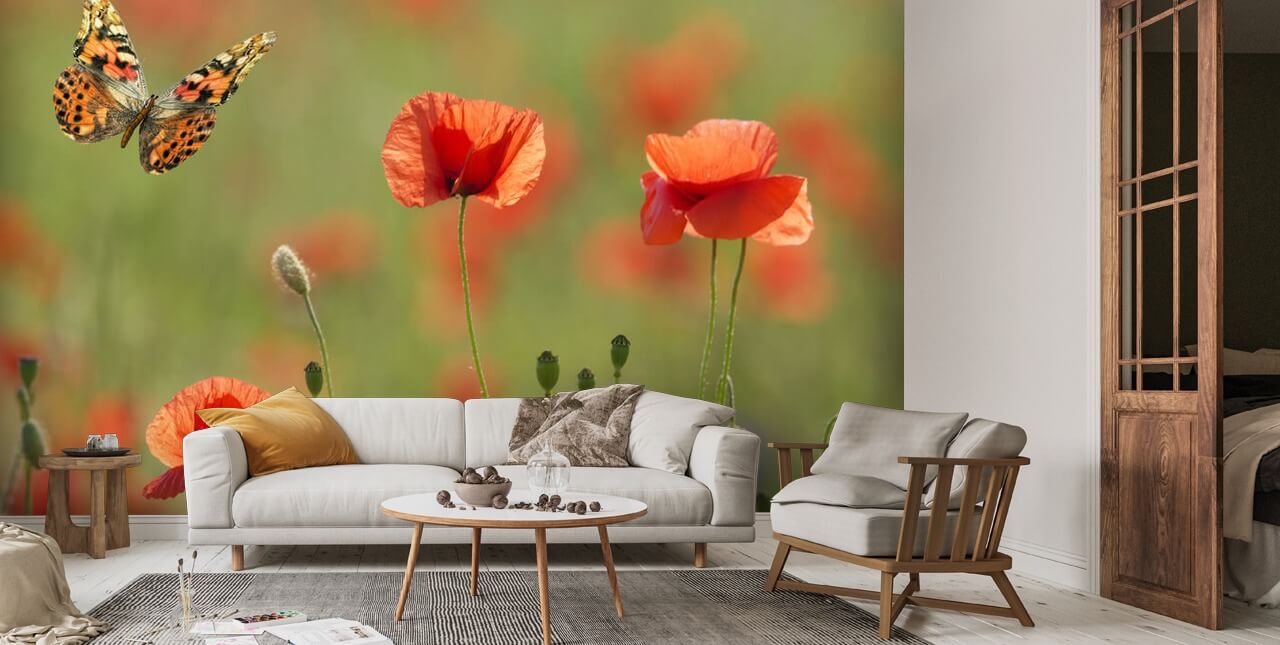 Klaprozen en vlinders behang | Wallsauce NL