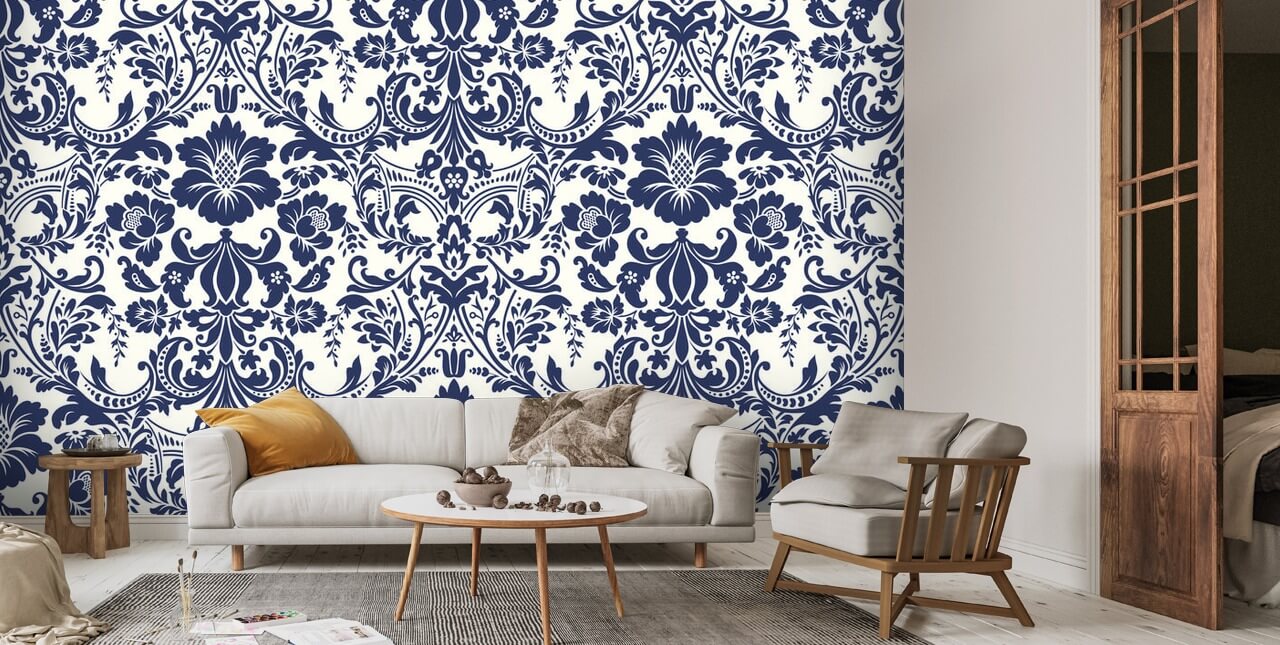 Blue Damask Pattern Mural | Wallsauce UK