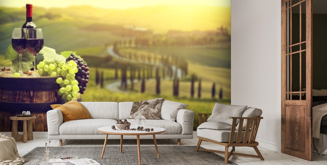 Red wine bottle and wine glass on wodden barrel. Beautiful Tuscany ...