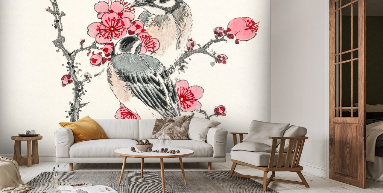 Pine Bunting and Plum Tree Wallpaper Mural | Wallsauce UK
