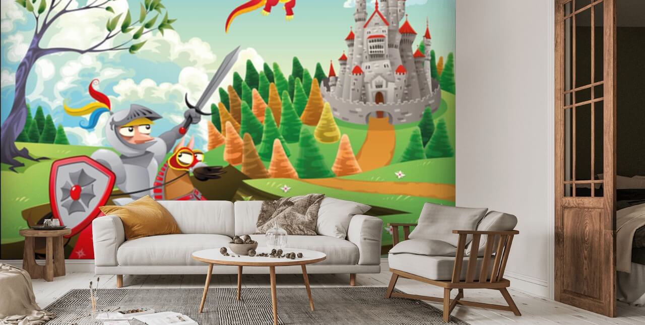 Brave Knight, Castle and Dragon Wallpaper | Wallsauce UK