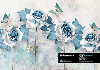 Blue Butterfly Roses Wall Mural | Wallsauce US