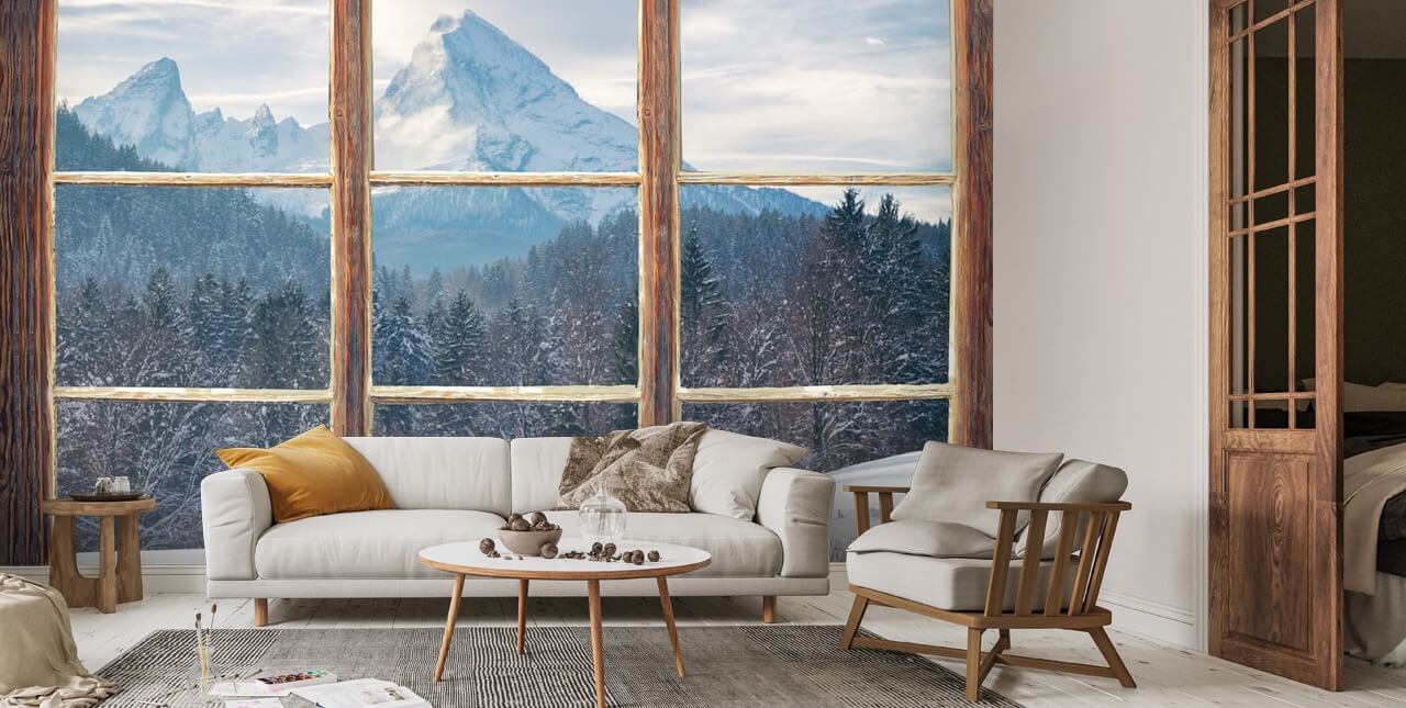 Snowy Mountain Window View Wallpaper | Wallsauce UK