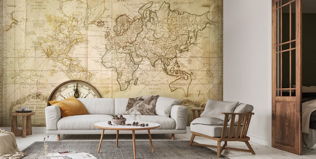 Old Map & Compass Wallpaper Mural | Wallsauce UK