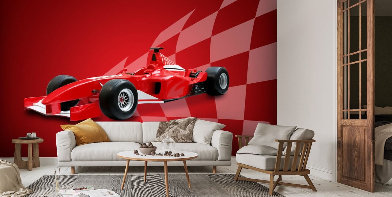 Red Formula 1 Car and Racing Flag Mural | Wallsauce UK