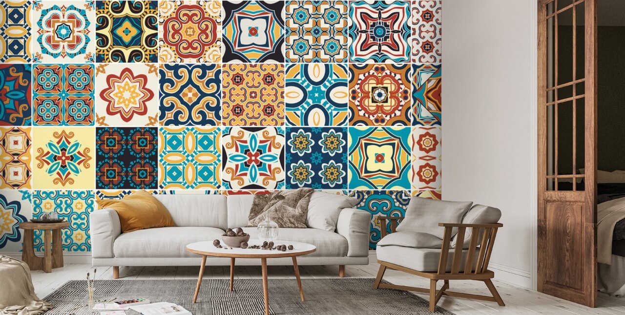 Terracotta and Blue Medley Wall Mural | Wallsauce NZ