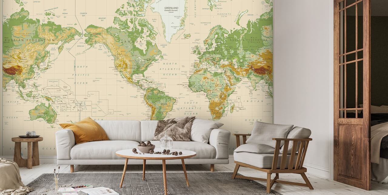 Green and Beige Map Wallpaper | Wallsauce UK
