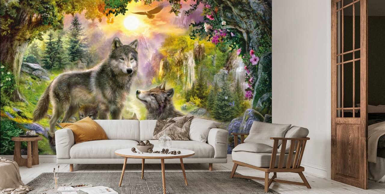 Autumn Wolf Family Wall Mural | Wallsauce UK