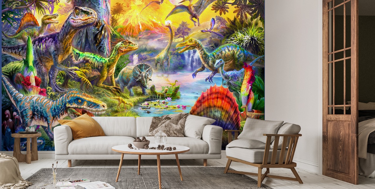 Dinosaur Landscape Volcano Wall Mural | Wallsauce US