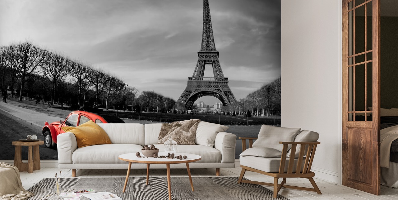 Eiffel Tower and Old Red Citroen Wallpaper | Wallsauce UK