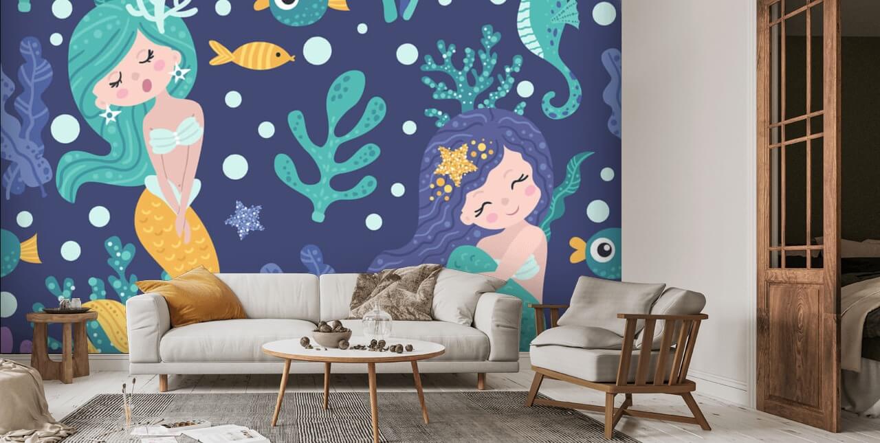 Blue Coral Mermaids Wall Mural | Wallsauce UK