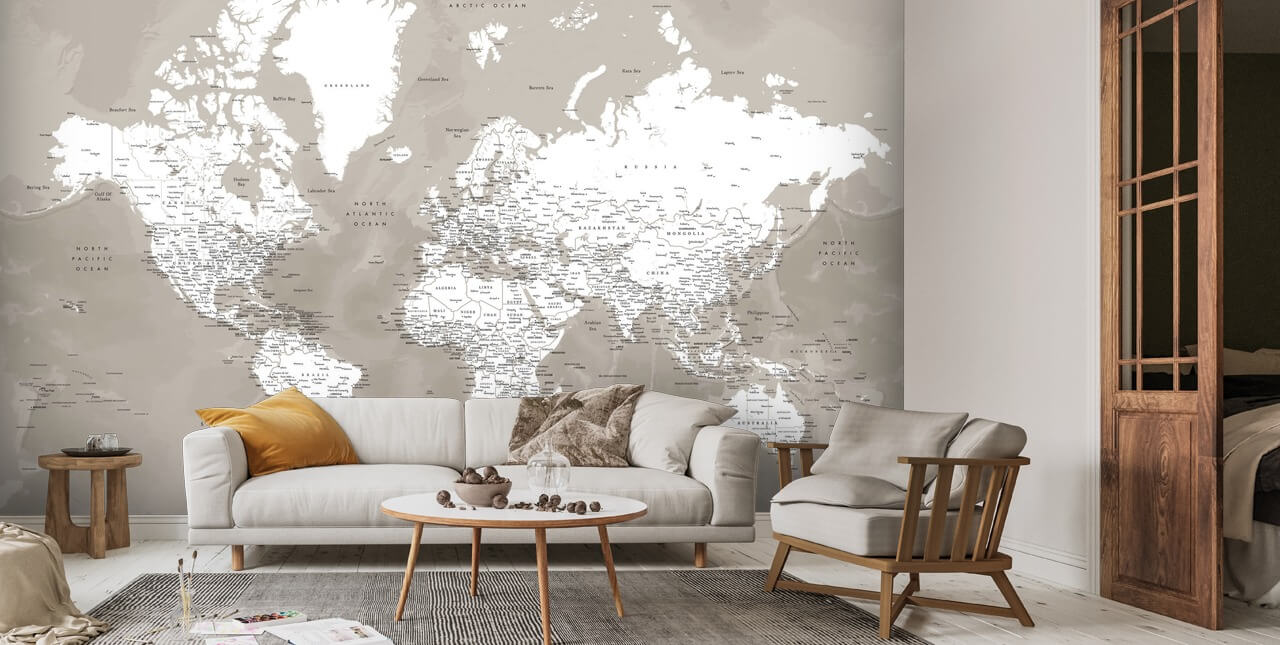 Coffee Brown World Map Wall Mural | Wallsauce EU